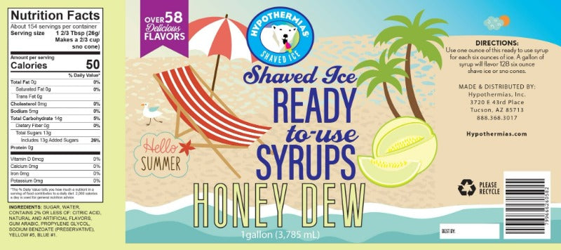 Honey Dew 100% Pure Cane Sugar Snow Cone or Shaved Ice Syrup